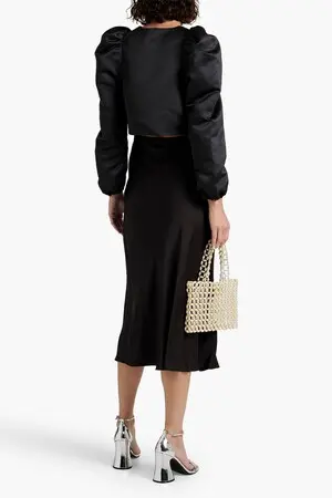 Sleeper Cropped Puffed Sleeve Satin Jacket With Pearl Buttons