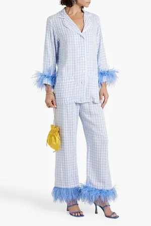 Sleeper Party Checked Featherembellished Twill Pajama Set
