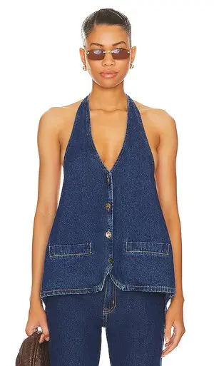 Lioness Denim Halter Top With Button Closure