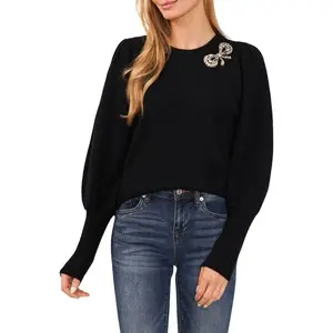 CECE DUPRAZ Rhinestone Bow Appliqué Juliet-sleeve Sweater - Rich Black