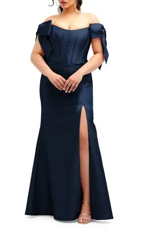 Alfred Sung Off-the-shoulder Bow Corset Trumpet Gown - Midnight