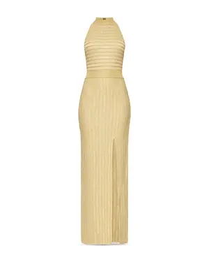 Herve Leger Halter Eyelash Knit Gown - Met Gold