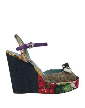 Dolce & Gabbana Jacquard, Denim, And Floral Print Wedge Sandals - Black