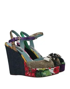 Dolce & Gabbana Jacquard, Denim, And Floral Print Wedge Sandals - Black