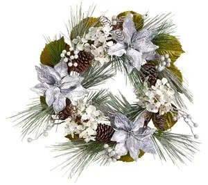 NEARLY NATURAL 24' Silver Poinsettia, Hydrangea Wreath - One-color