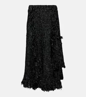 Sacai Fringed Flared Tweed Midi Skirt