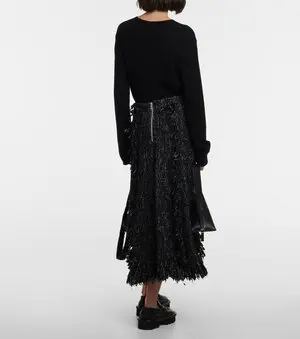 Sacai Fringed Flared Tweed Midi Skirt