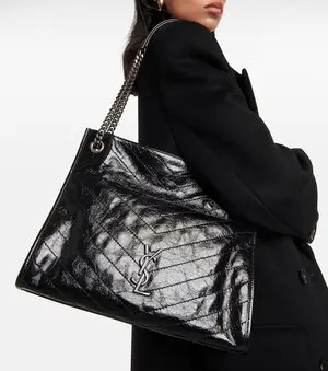 Saint Laurent Niki Crinkled Leather Shopper - Black