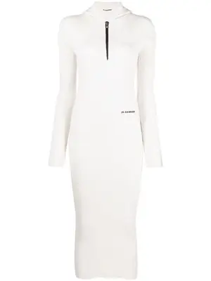 JIL SANDER Ribbed-knit Hooded Midi Dress - Neutrals