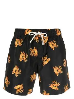 Palm Angels Burning Monogram-print Swim Shorts - Black