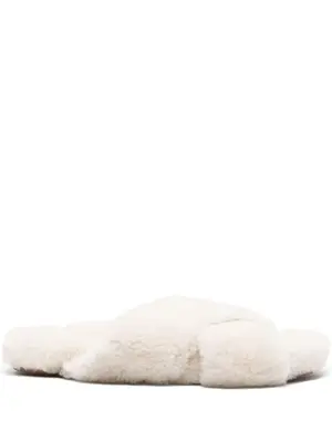 YVES SALOMON Crossover-strap Shearling Slippers - White