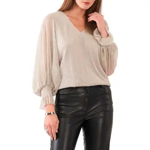 Vince Camuto Metallic Blouson V-neck Top - Champagne Allure