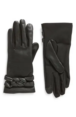 Cole Haan Braid Strap Mixed Media Leather Gloves - Black