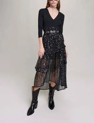 Maje Sequin And Mesh Ruffled Maxi Dress - Black