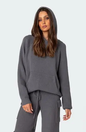 EDIKTED Wynter Ribbed Knit Relaxed Fit Hooded Sweater - Gray
