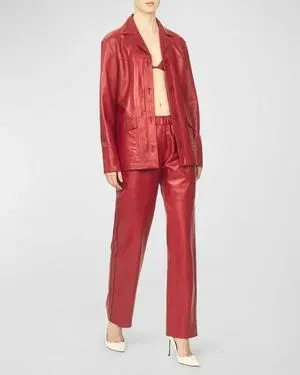 INTERIOR The Durden Metallic Leather Shirt Jacket - Cherry