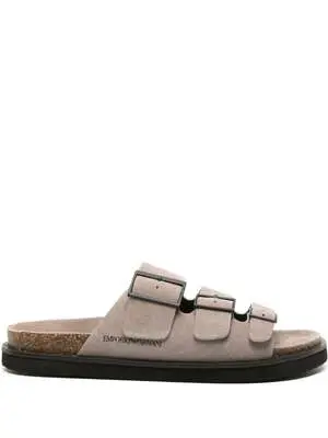 New Emporio Armani Black and Tan Strappy Sandals 10-11 Emporio Armani Debossed-Logo Suede Sandals In Grey - 37% Off  main image 2