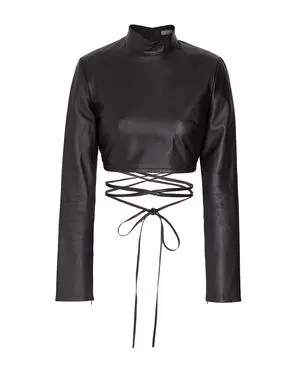 8 BY YOOX Lambskin Leather Mock-neck Crop Top - Black