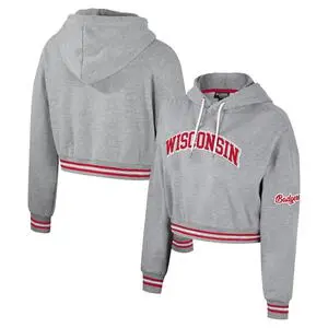 THE WILD COLLECTIVE Wisconsin Badgers Cropped Shimmer Pullover Hoodie - Heather Gray