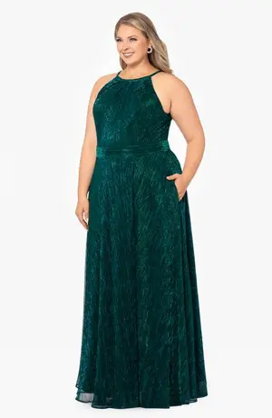 Betsy & Adam Metallic Crinkle A-line Gown