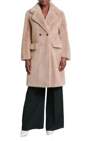 Avec Les Filles Relaxed Fit Longline Double Breasted Faux Mink Coat