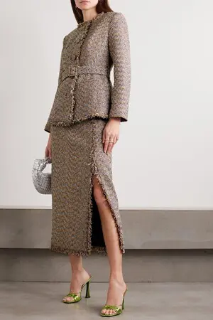 Huishan Zhang Leila Belted Fringed Metallic Tweed Jacket