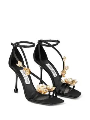 JIMMY CHOO Floral Appliqué Stiletto Sandals - Black