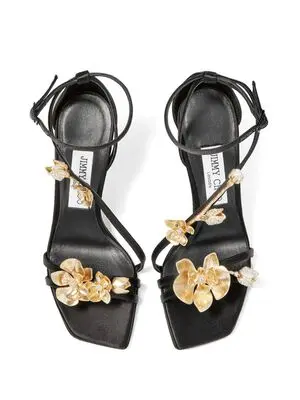 JIMMY CHOO Floral Appliqué Stiletto Sandals - Black
