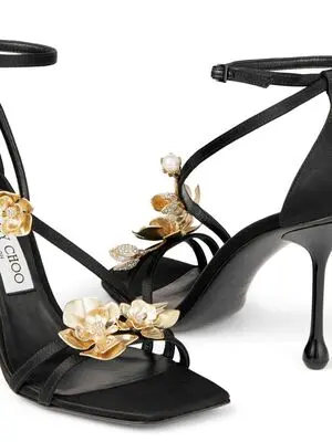 JIMMY CHOO Floral Appliqué Stiletto Sandals - Black