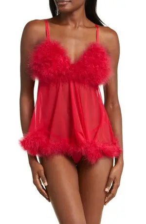 COQUETTE Feathery Babydoll Chemise & G-string Set - Red