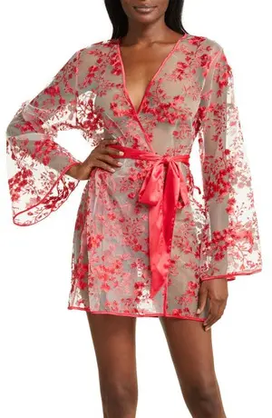 COQUETTE Floral Embroide Sheer Mesh Robe - Red