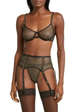 COQUETTE Shimmery Fishnet Thong & Garter Belt Set - Black