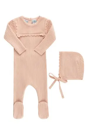 FELTMAN BROTHERS Ruffled Yoke Rib Footie And Bonnet Set - Blush