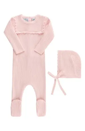 FELTMAN BROTHERS Ruffled Yoke Rib Footie And Bonnet Set - Pink