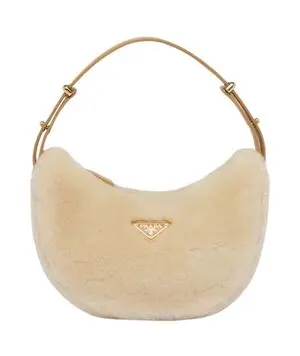 Prada Arqué Shearling And Leather Shoulder Bag - Écru/noisette