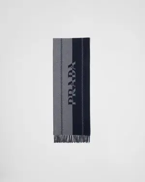Prada Small Wool Scarf With Jacquard Logo - Grey/blue