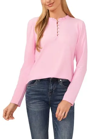 CECE DUPRAZ Ruffle Trim Knit Henley - Powder Pink