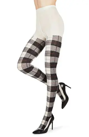 MEMOI Glasgow Plaid Sweater Tights - Winter White