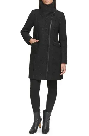 KENNETH COLE Asymmetric Zip Bouclé Coat - Black
