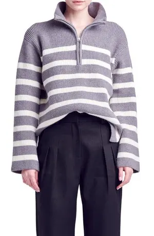 English Factory Stripe Half Zip Sweater - Grey/cream