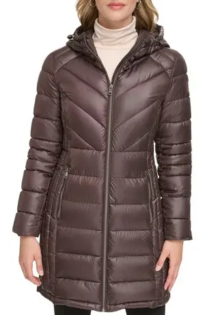 KENNETH COLE New York Hooded Puffer Coat Chocolate