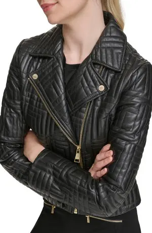 Karl Lagerfeld Paris Double Quilted Leather Moto Jacket
