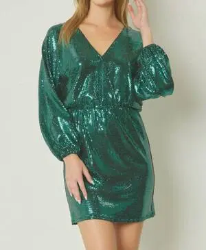 ENTRO Shiny Metallic Long Sleeve Mini Dress In - Green