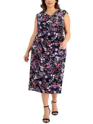 CONNECTED APPAREL Plus Womens Knit Floral Midi Dress - Multi