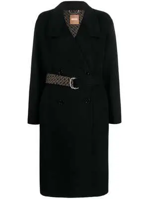BOSS Monogram-jacquard Belted Wool-blend Coat
