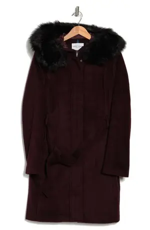 Cole Haan Faux Fur Trim Wool Blend Jacket - Bordeaux