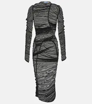 MUGLER Ruched Mesh Midi Dress