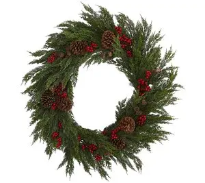 NEARLY NATURAL 32-in Cypress W/berries & Pine C Nes Wreath - One-color