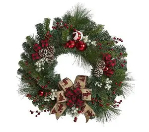NEARLY NATURAL 15-in Holiday Wreath W/pine Cone & Ornaments - One-color