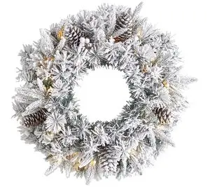 NEARLY NATURAL 20' Flocked Christmas Wreath Wit 35 Led Lights - One-color